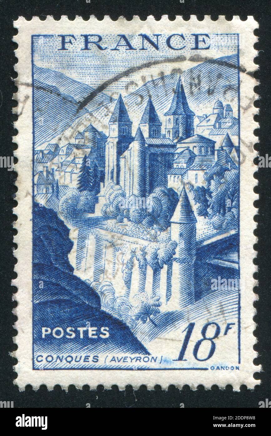 FRANCE - CIRCA 1947: stamp printed by France, shows View of Conques ...