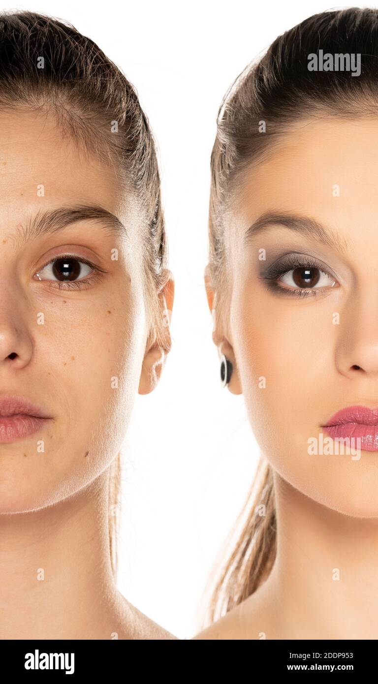 Comparison portrait of same woman before and after makeover on white ...