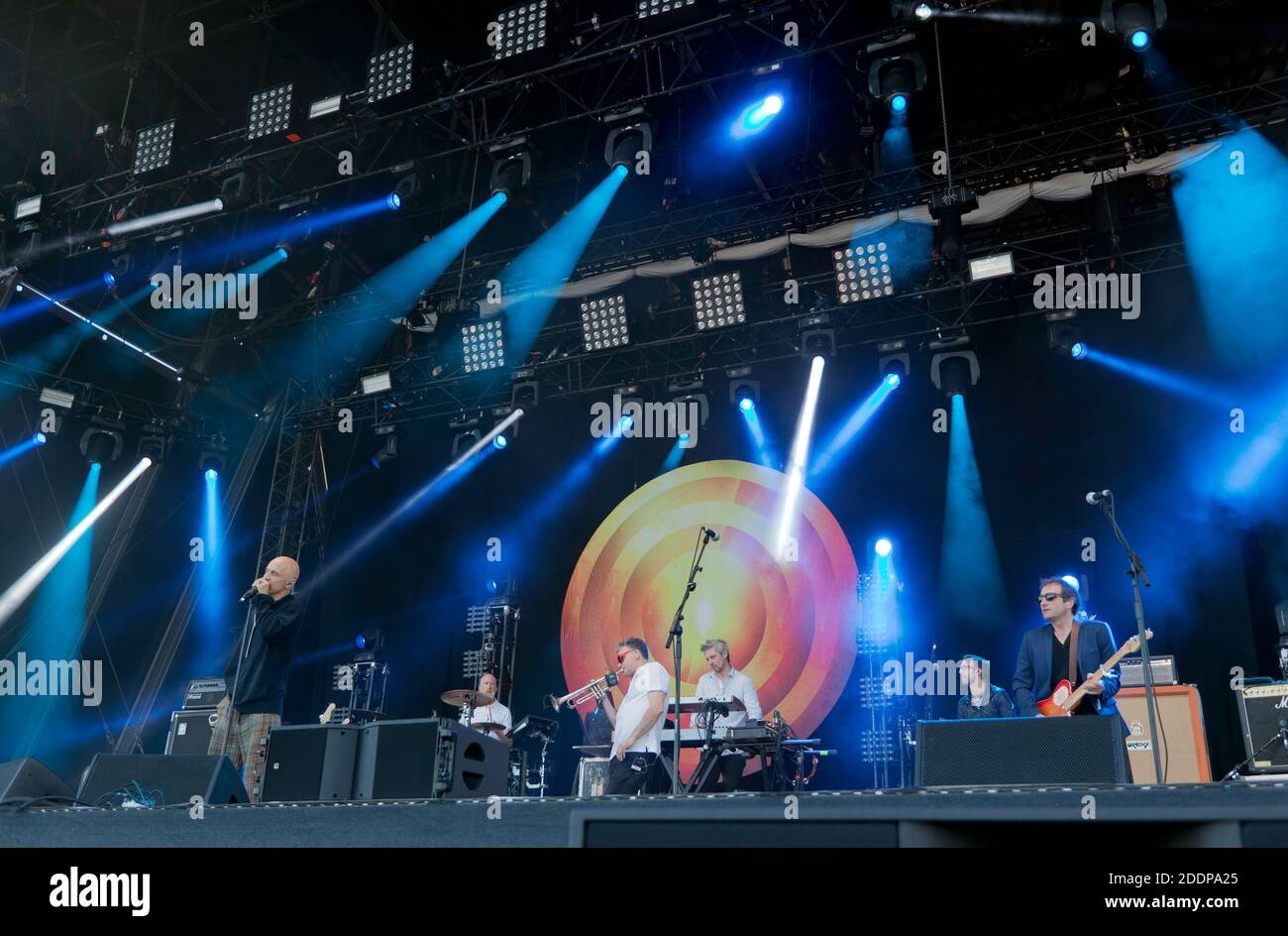 Members of the English Rock Band "James", performing on the main stage ...