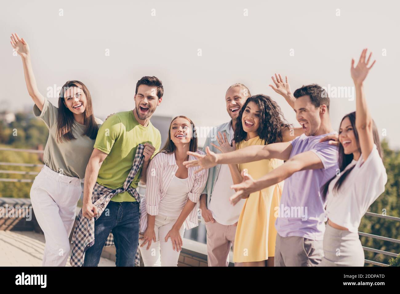 Photo of good fellows friends wear casual style outfit open mouth smile ...