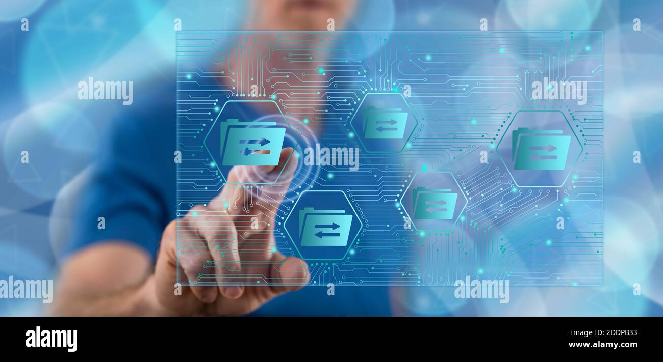 Man touching a data exchange concept on a touch screen with his finger ...