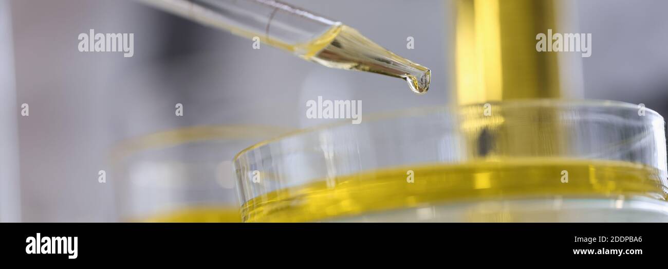 Drop of yellow liquid flows out of glass pipette in chemical laboratory ...