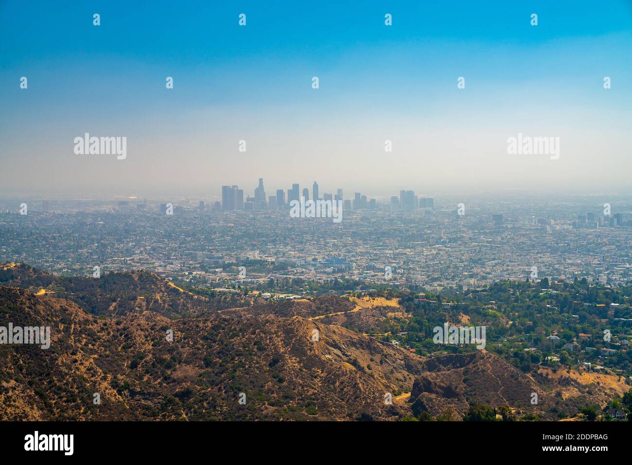 An aerial view of the landscape of Los Angeles from the Hollywood hills ...