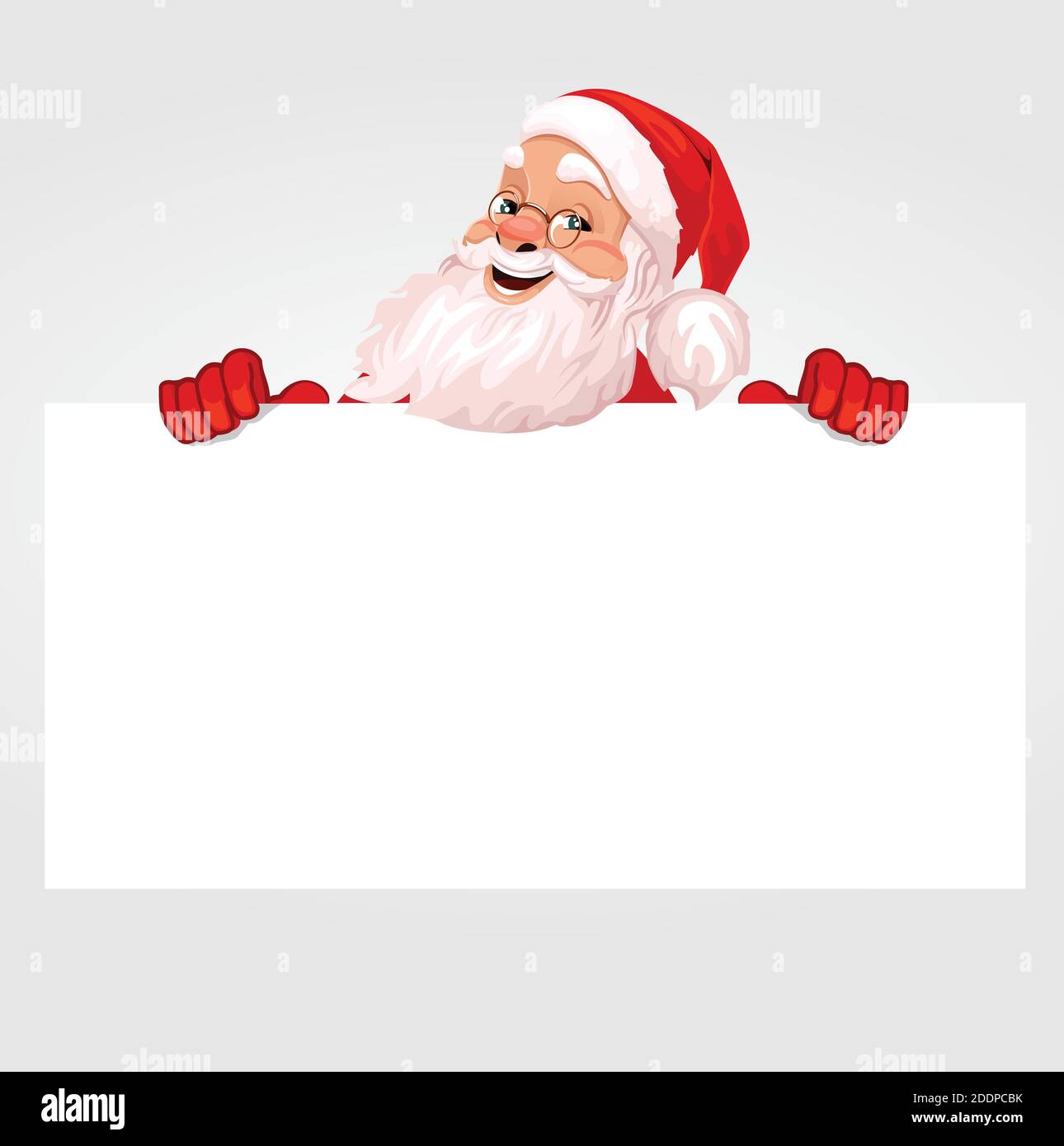 Cheerful Santa Claus stands behind a large banner, signboard ...