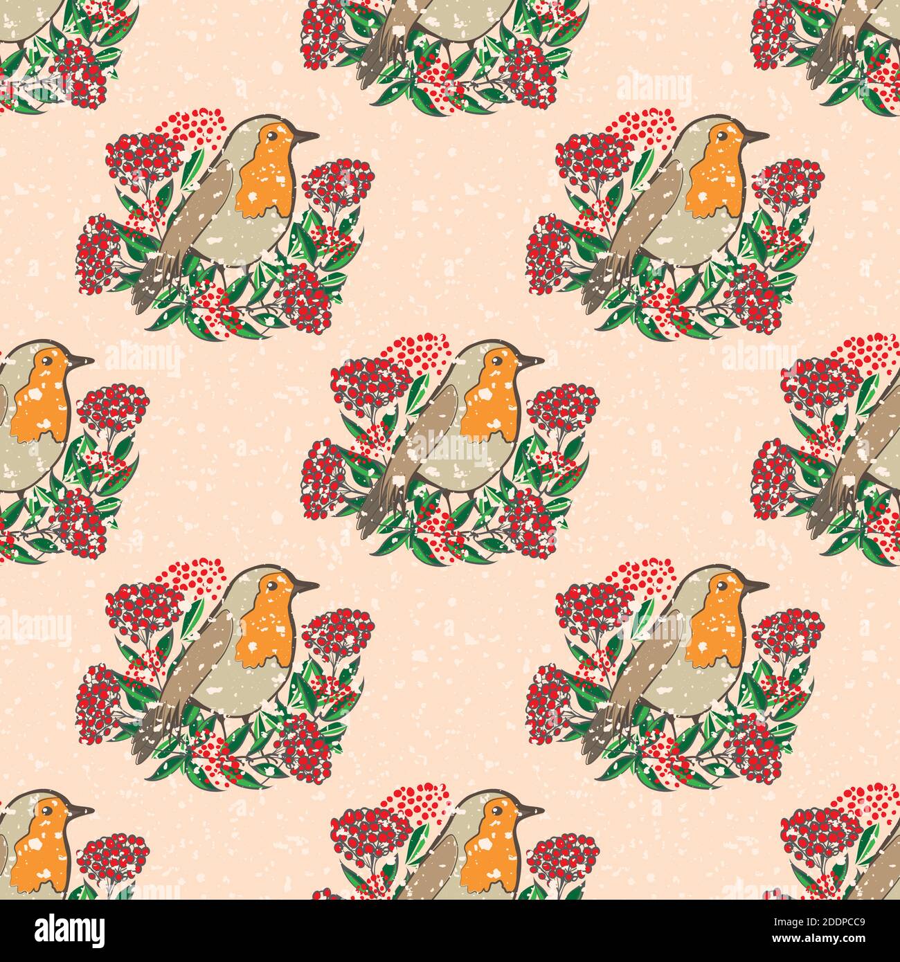 Vector robin and cotoneaster berries, leaves in the snow. Seamless ...