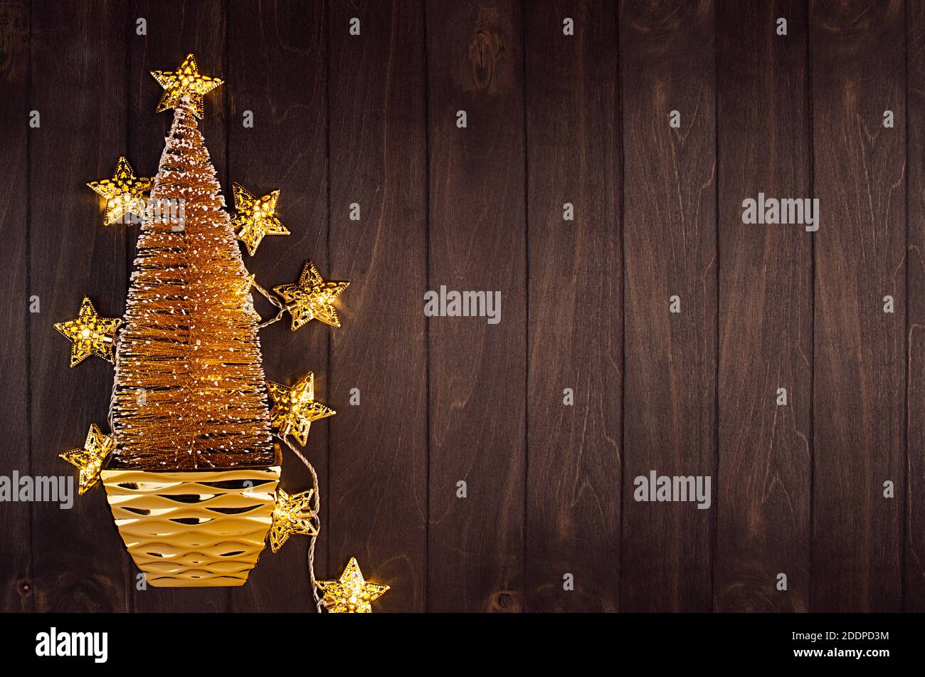 Luxury elegant New Year background - golden fir tree in bowl and lights ...