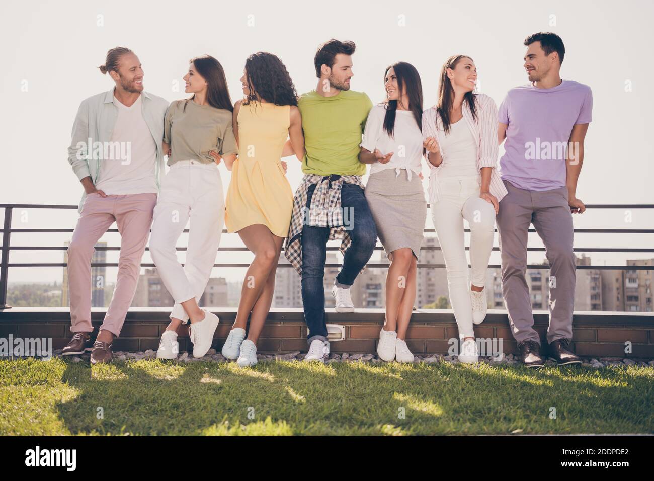 Photo of pretty girls handsome guys standing talking have fun party on ...