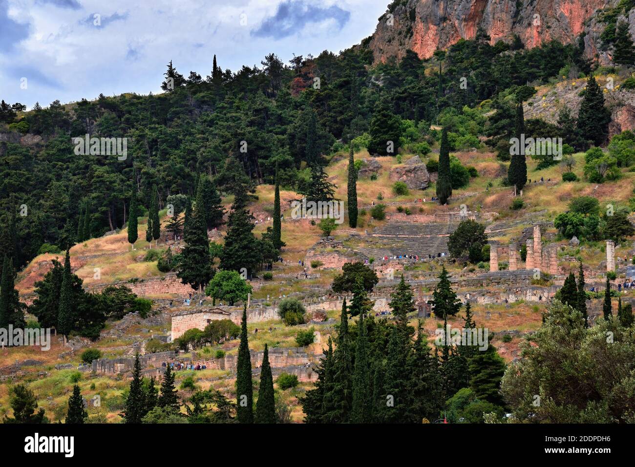 View of famous ancient Greek complex - Delphi oracle. Ruins of temple ...