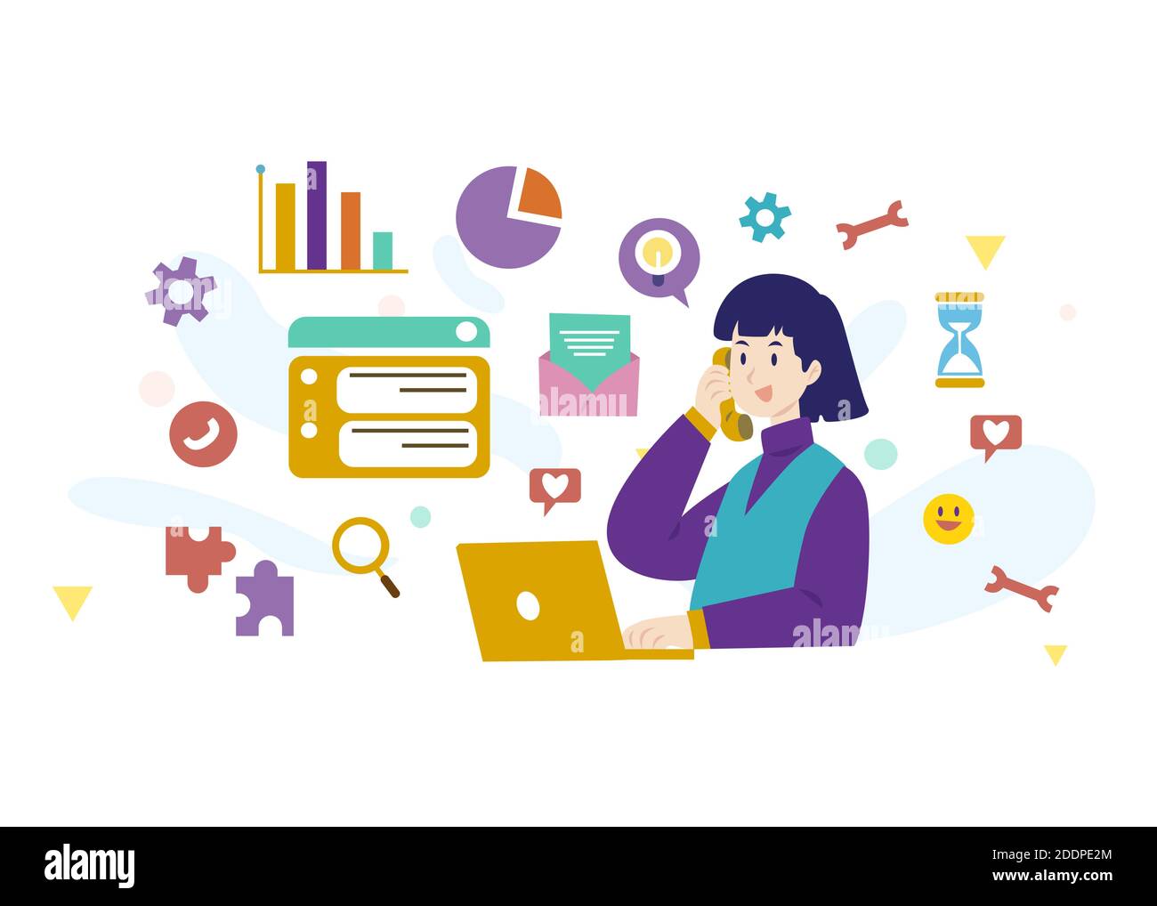 Woman holding a laptop and multitasking Vector illustration Stock ...