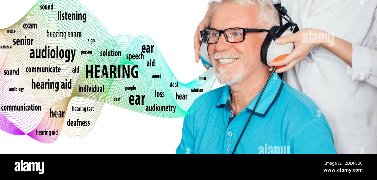 Audiometry, hearing test. Elderly man during a hearing test, on the ...