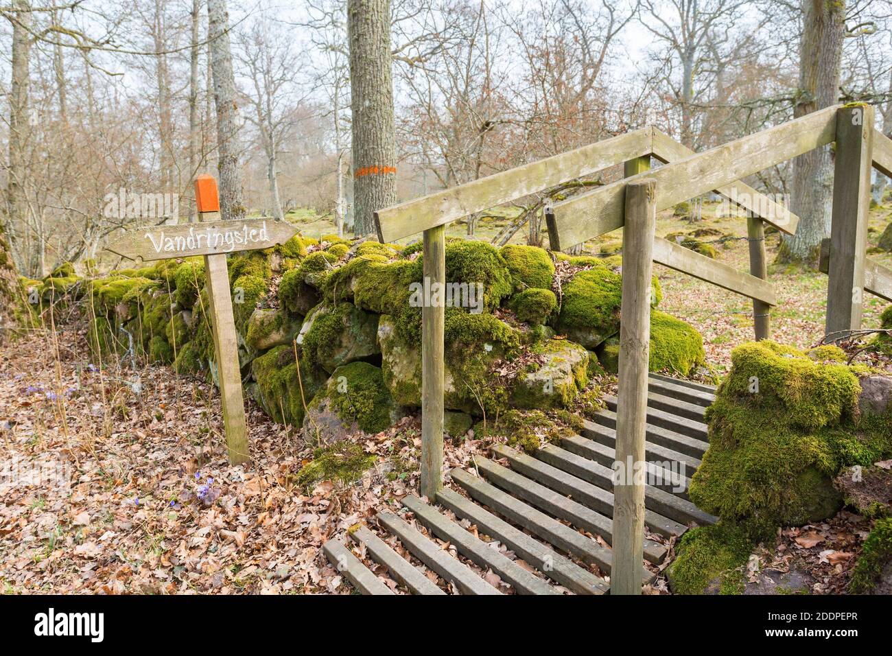 Footbridge over the stone wall on the footpath Stock Photo - Alamy