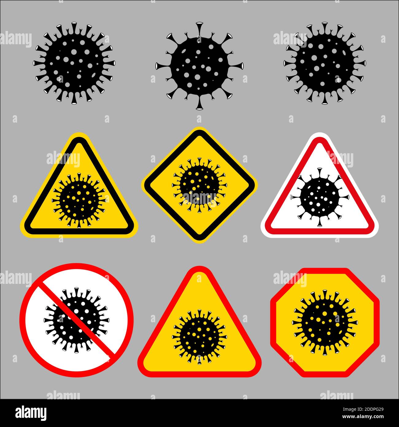 Set of quarantine icons with coronavirus. Crown virus warning sign logo ...