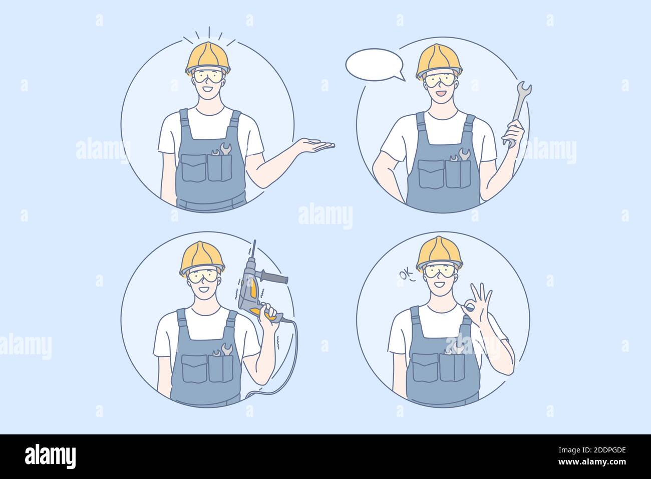 Building, repair, work set concept. Young man builder is holding drill ...