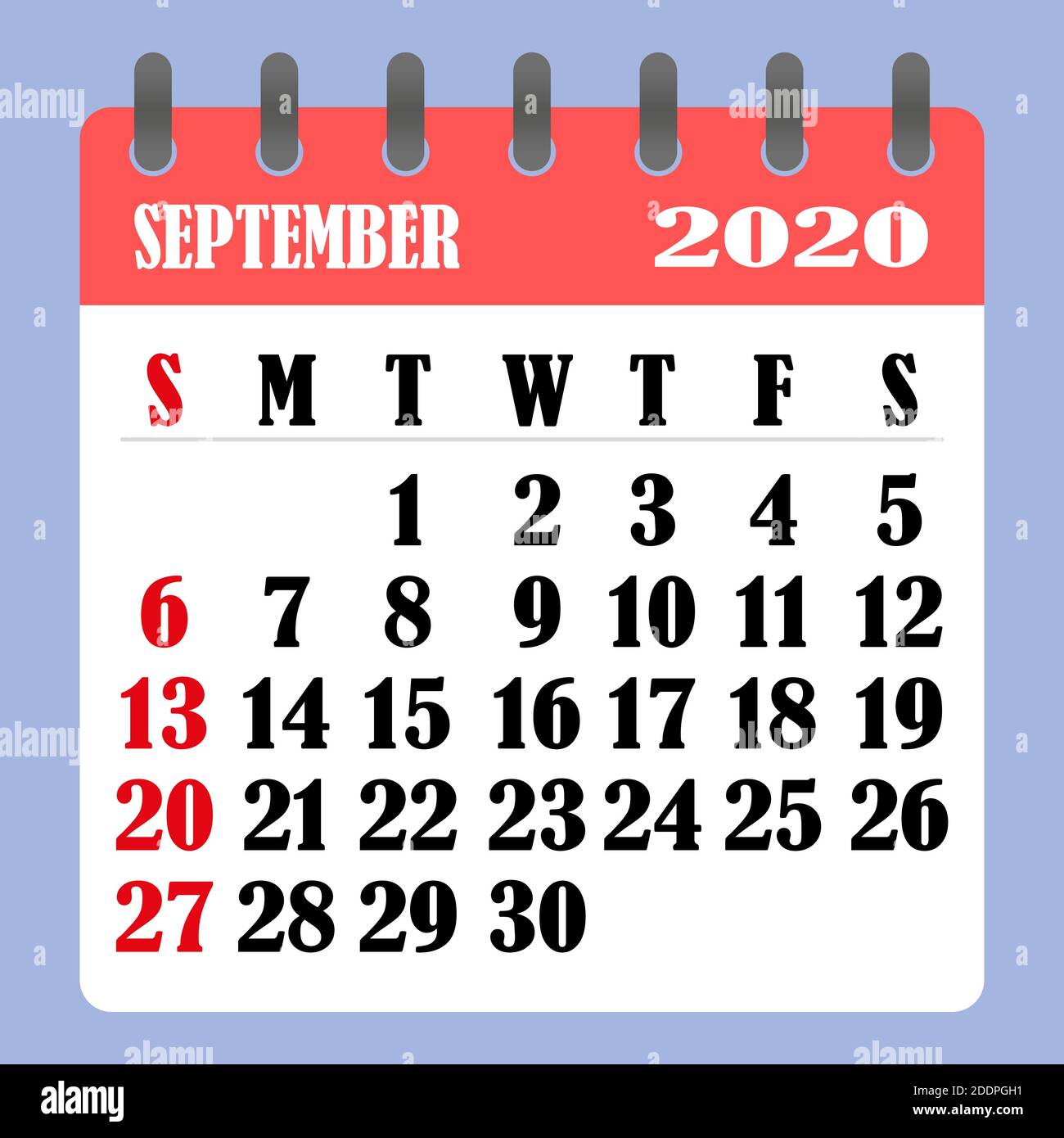 Letter calendar for September 2020. The week begins on Sunday. Time ...