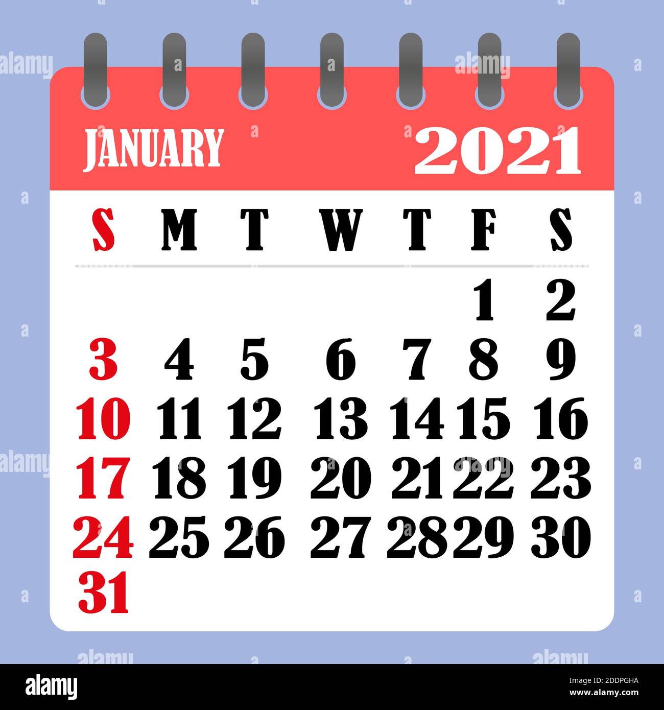 Letter calendar for January 2021. The week begins on Sunday. Time ...