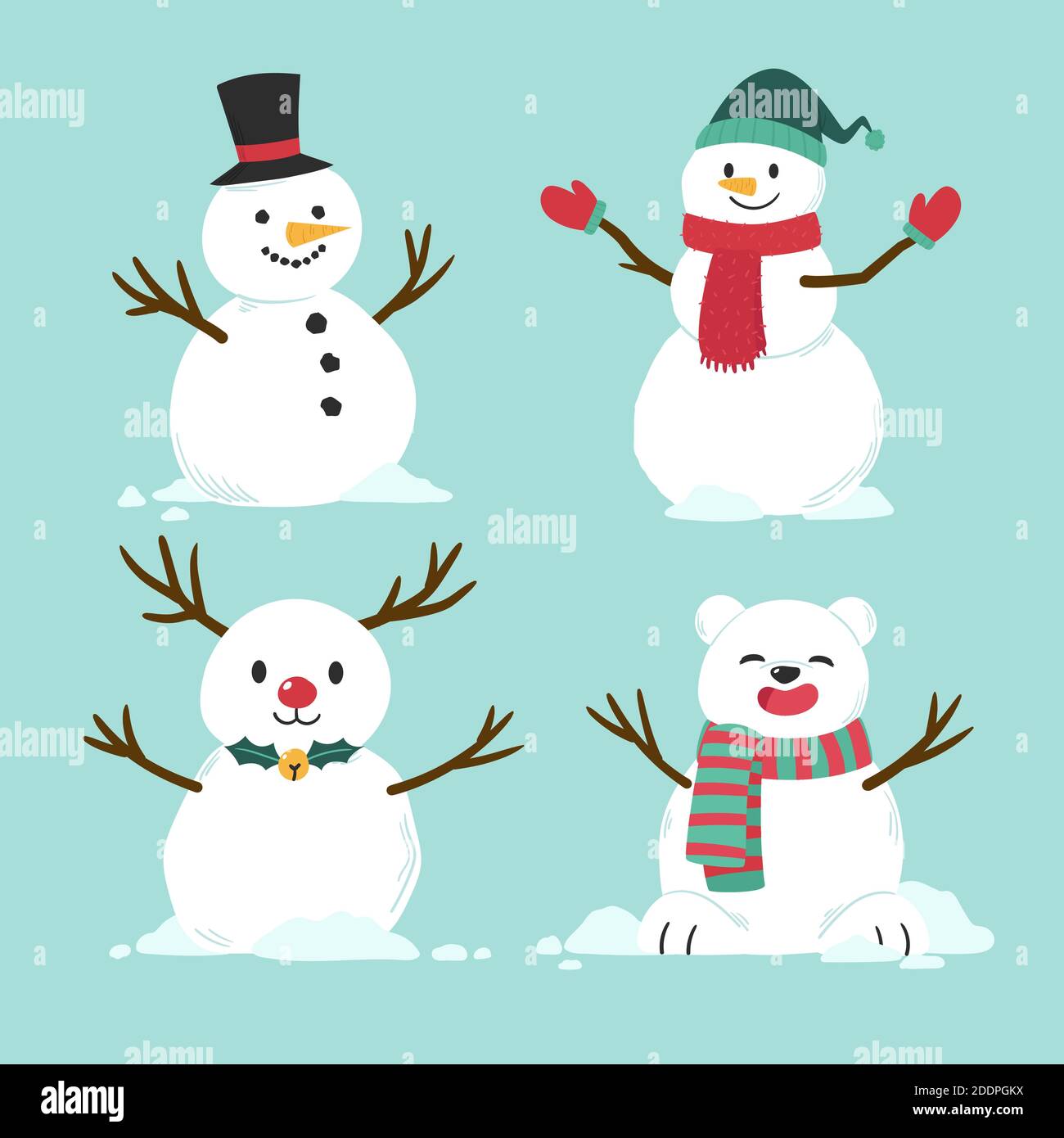 Hand drawn snowman character collection Vector illustration Stock ...