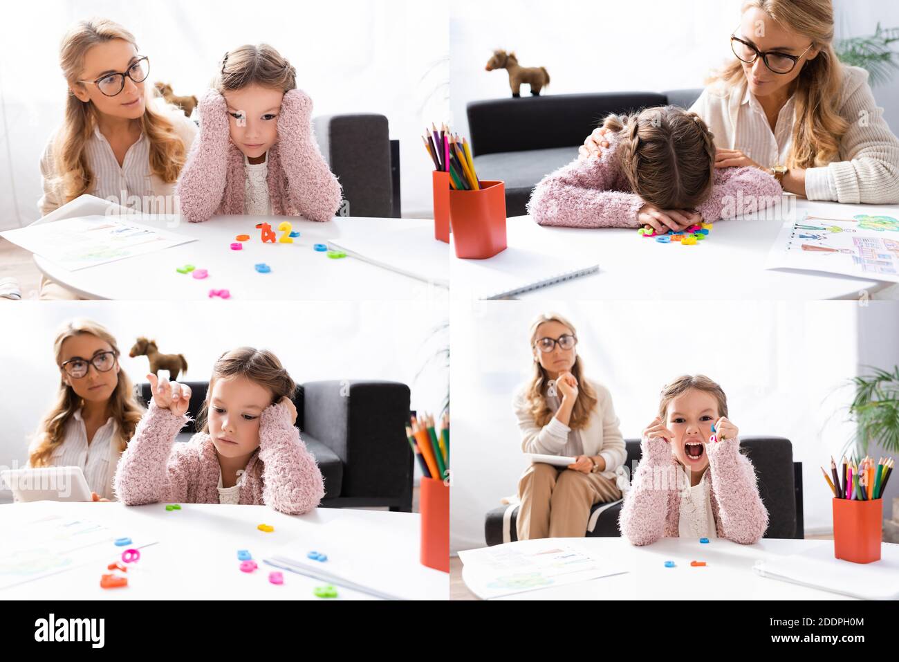 collage of blonde woman psychologist testing little girl patient with ...
