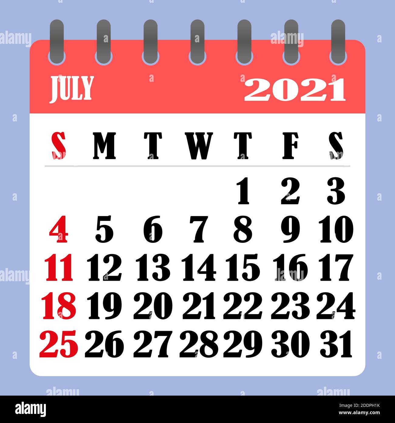 Letter calendar for July 2021. The week begins on Sunday. Time ...