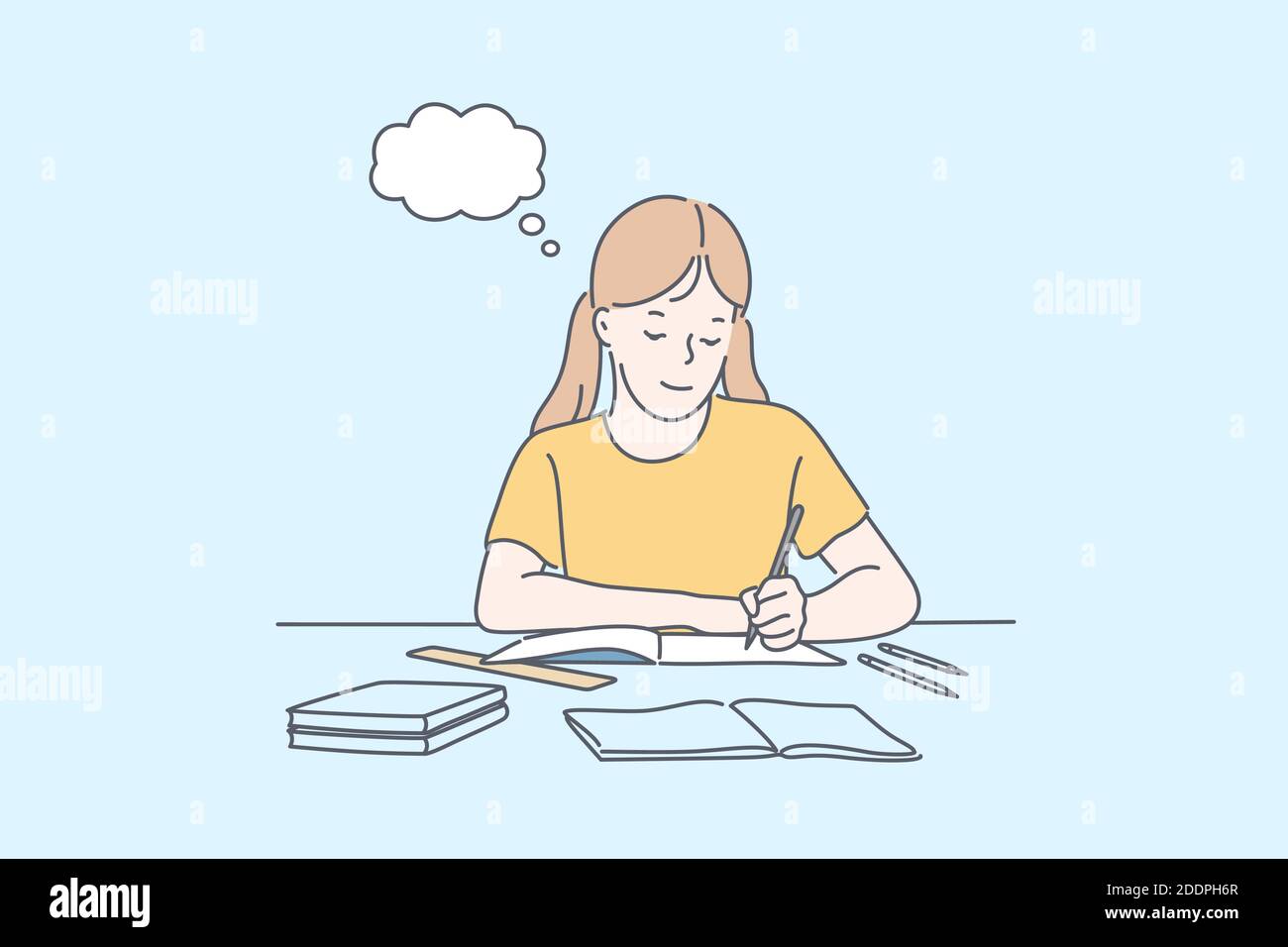 Cartoon Student Writing At Desk Thinking