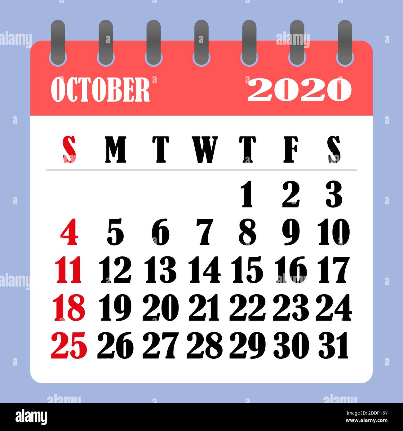 Letter calendar for October 2020. The week begins on Sunday. Time ...