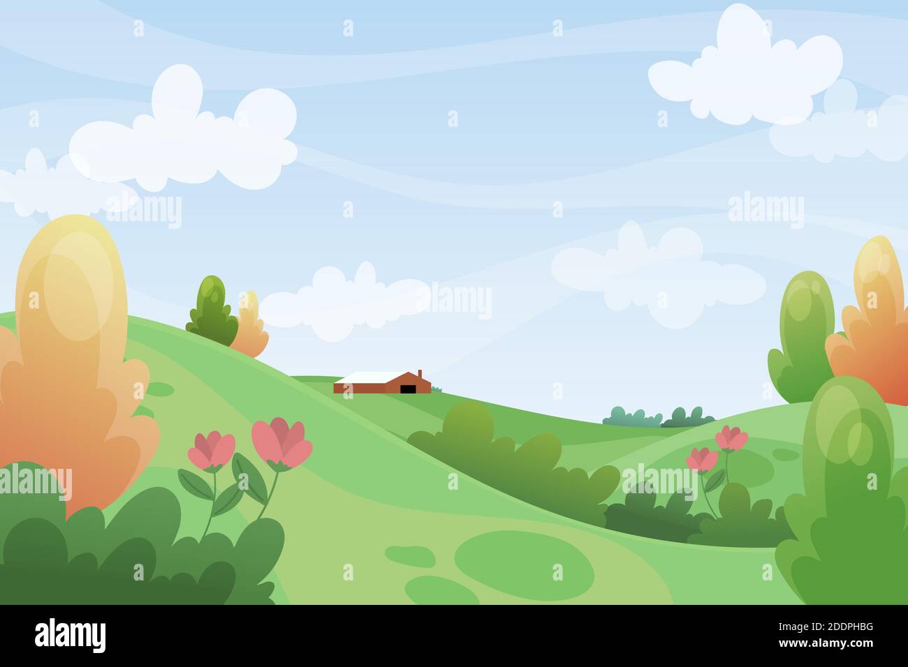 Spring relaxing landscape with green hills and blue sky Vector ...