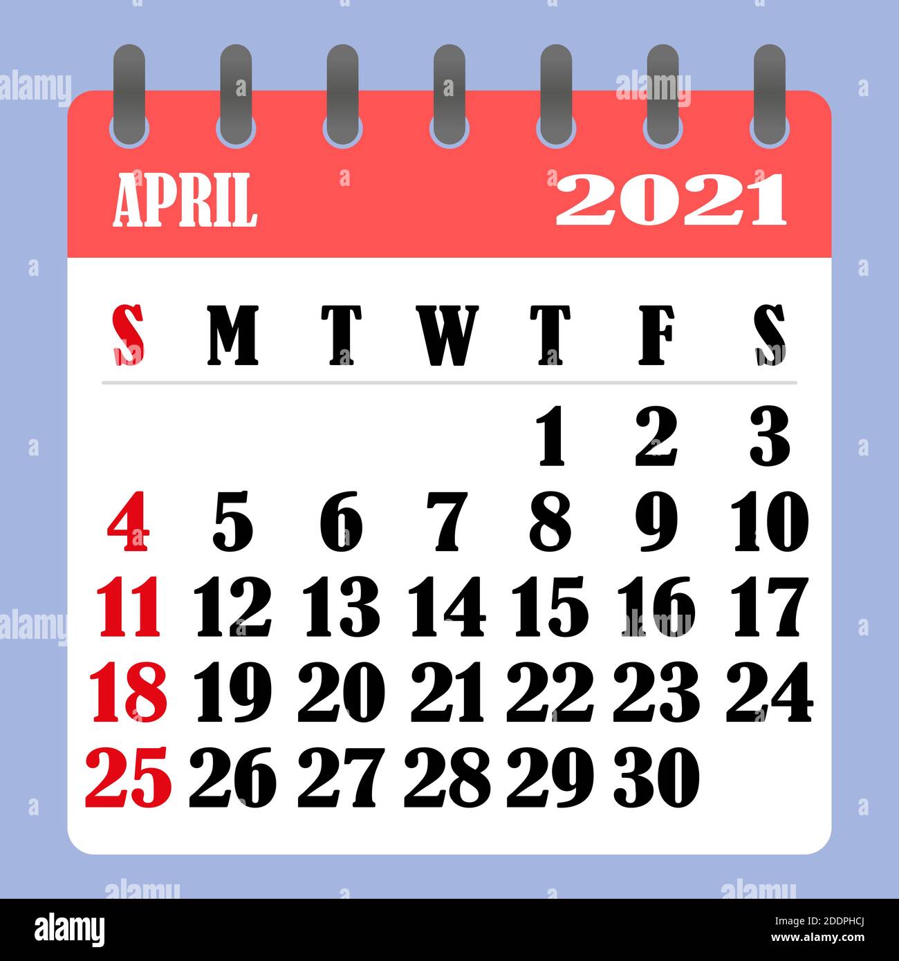 Letter calendar for April 2021. The week begins on Sunday. Time ...