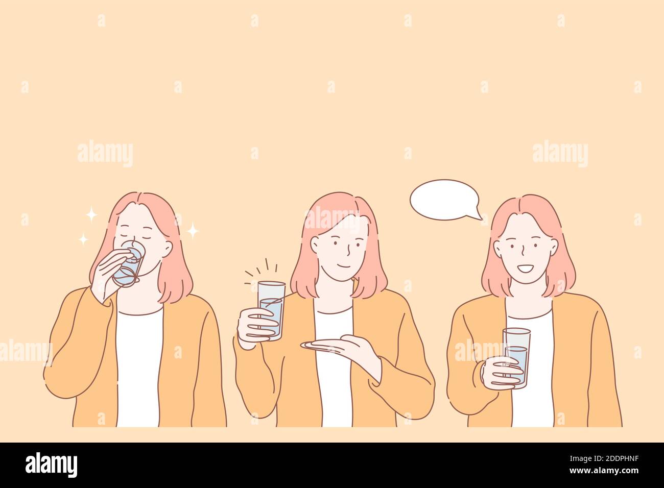 Thirst, dehydration, drinking set concept. Young woman dehydrated ...