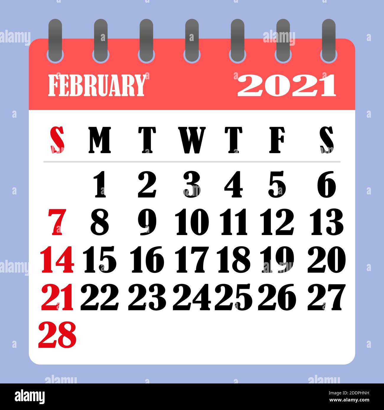 Letter calendar for February 2021. The week begins on Sunday. Time ...