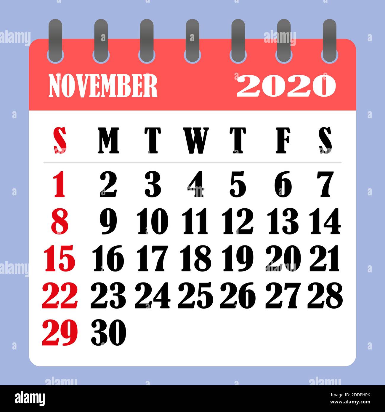 Letter calendar for November 2020. The week begins on Sunday. Time ...