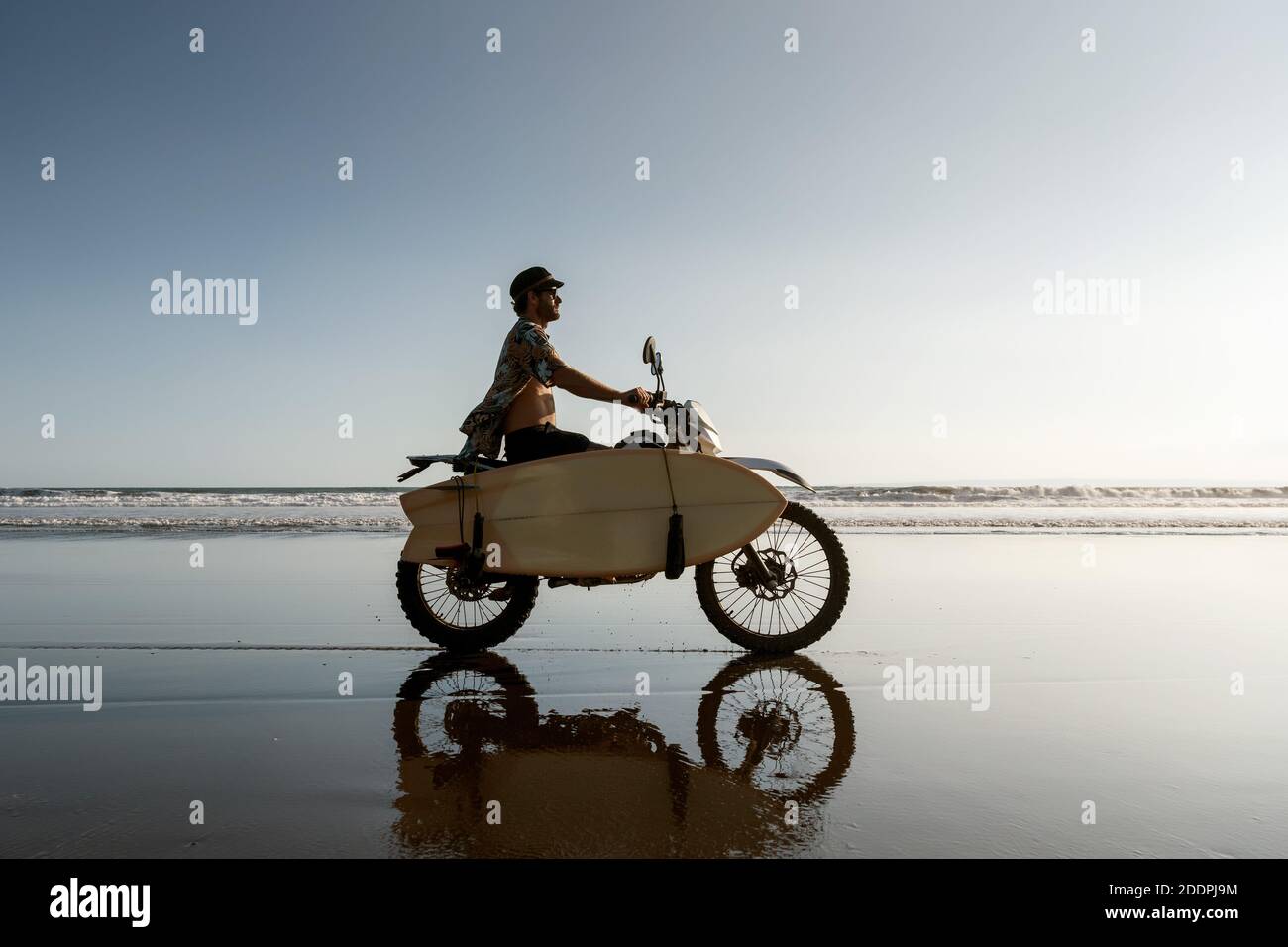 Real balinese surfer ride motorcycle with surfboard at ocean beach ...