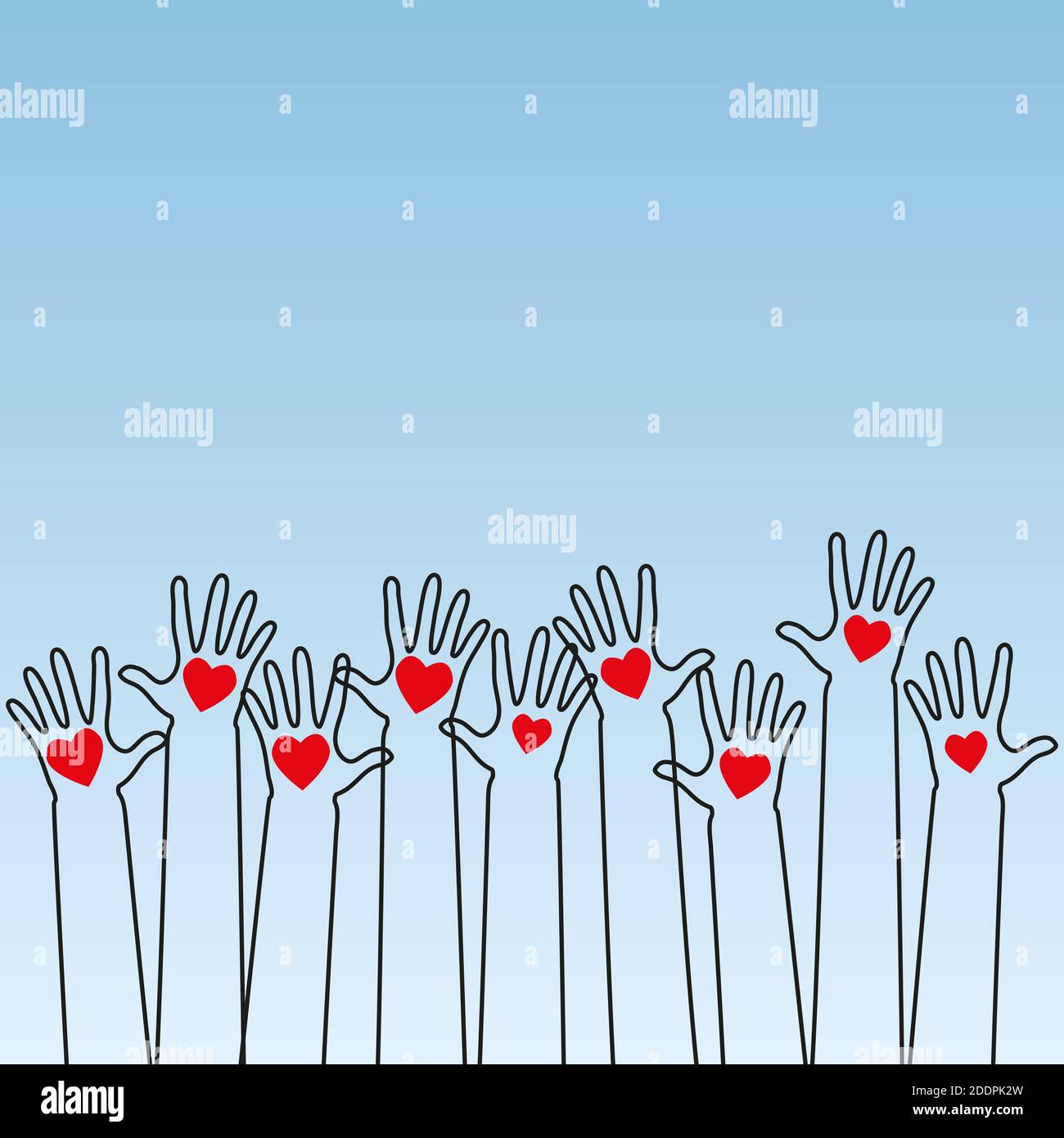 Raised human hands with red hearts. Concept of charity, volunteerism ...
