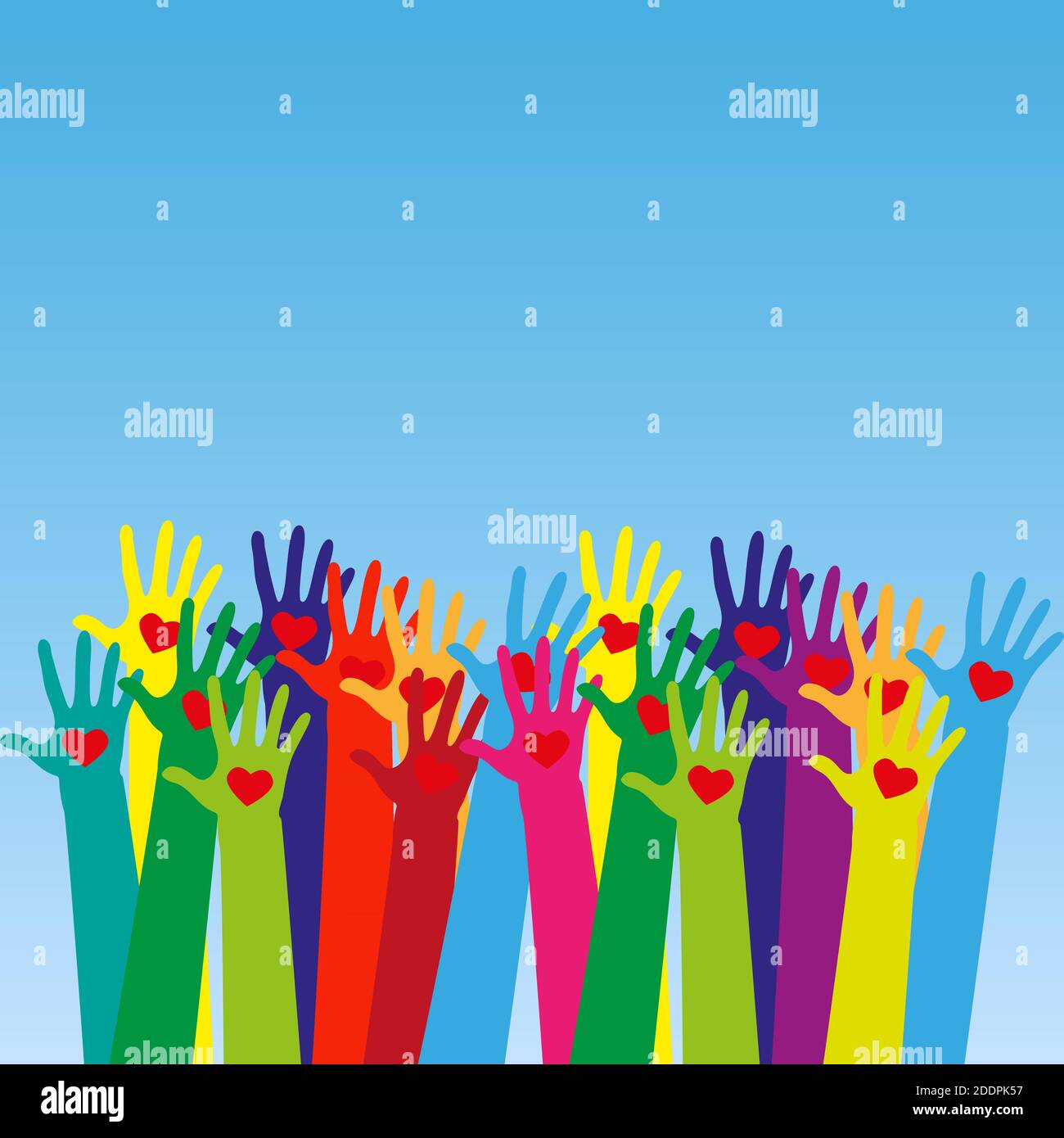 Raised human hands with red hearts. Concept of charity, volunteerism ...