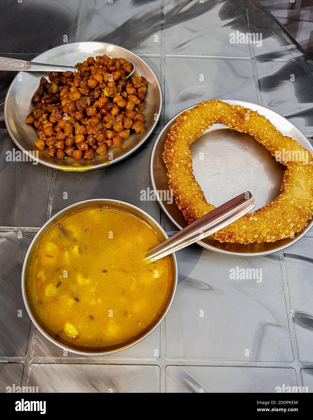 Nepalese food breakfast with Sel Roti and chickpeas. Ring Road in ...
