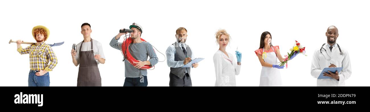 Group of people with different professions on white background ...