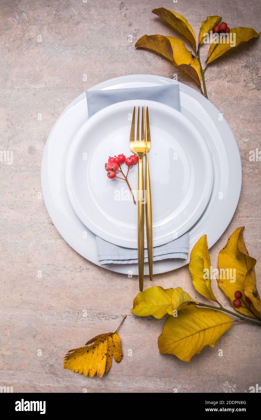 Thanksgiving dinner place setting, fallen leaves with plate and cutlery ...