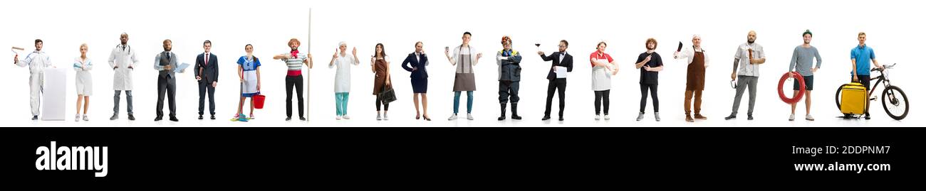 Art collage. Man and woman with different professions on white studio ...