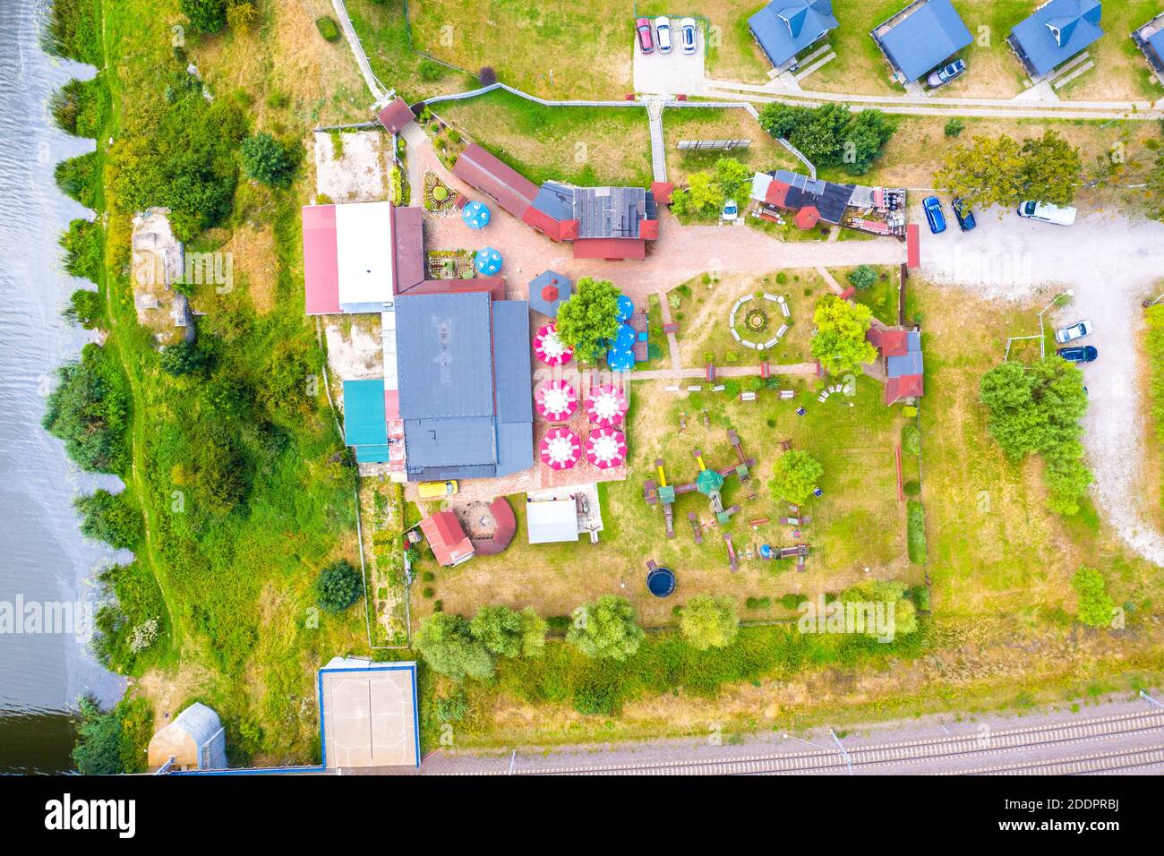 Aerial view on umbrellas in outdoor cafe from drone Stock Photo - Alamy
