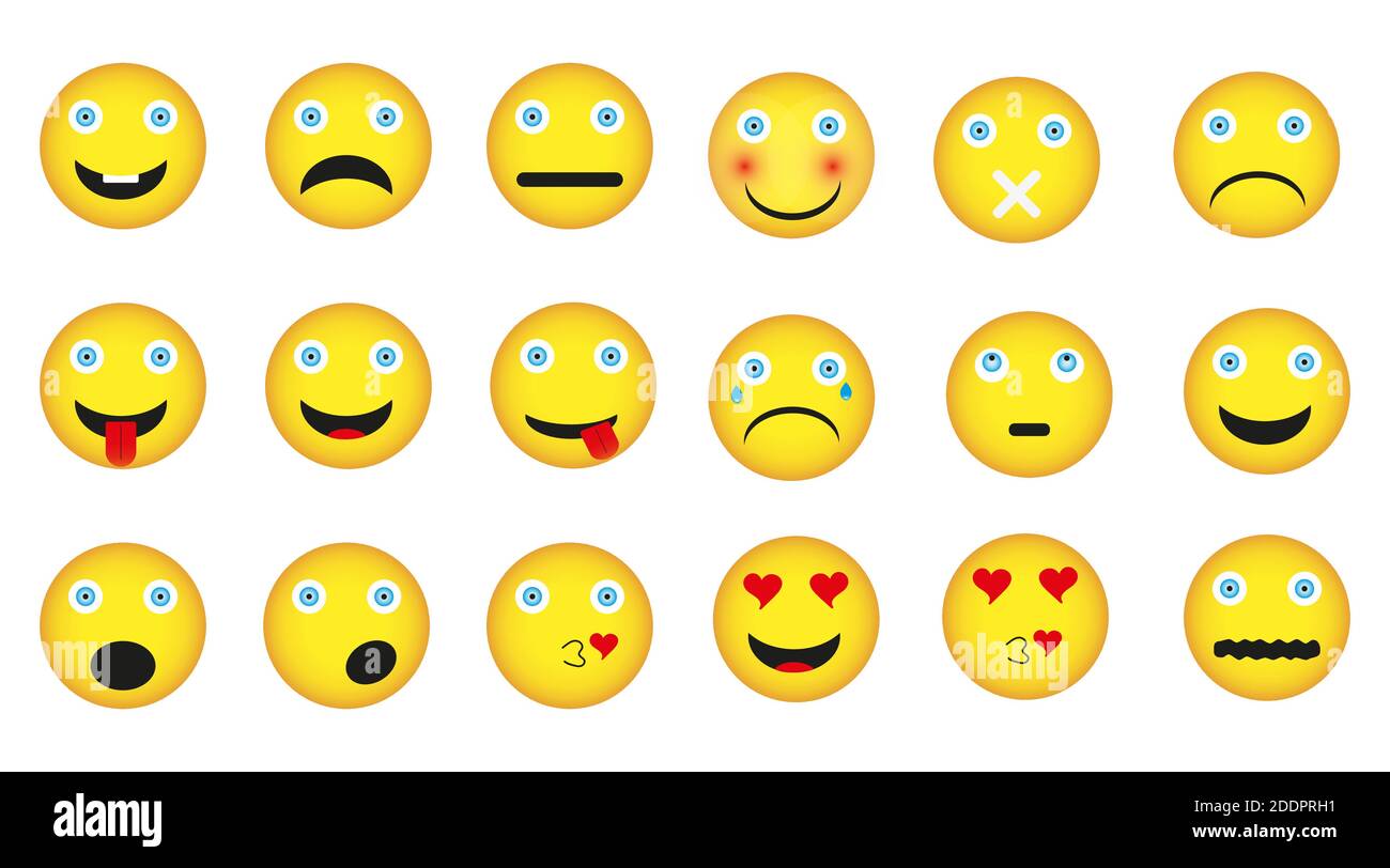 Set of yellow round emoticons, smile, laugh, joyful, sad, angry and ...