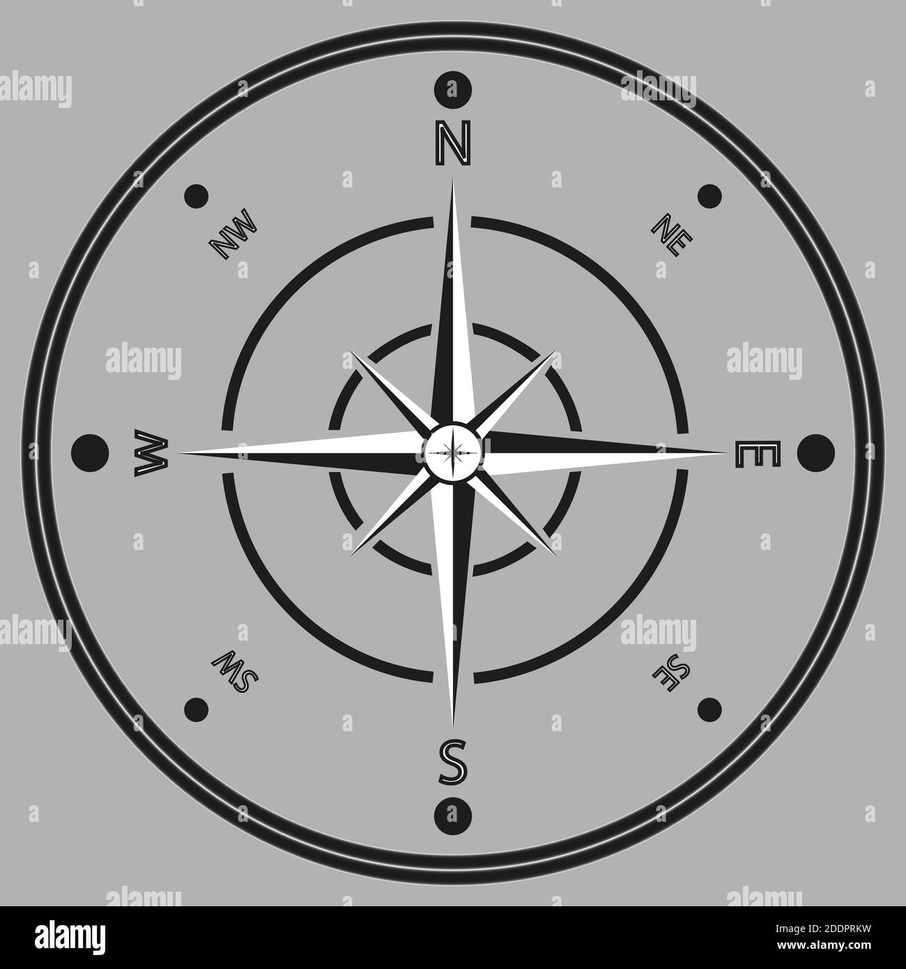 Black and white image of a compass in a flat rear. Isolated on gray ...