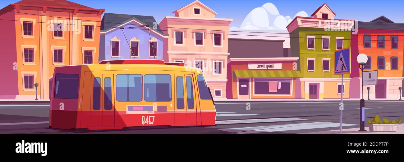 Tram riding on retro city street. Trolley car on vintage cityscape ...