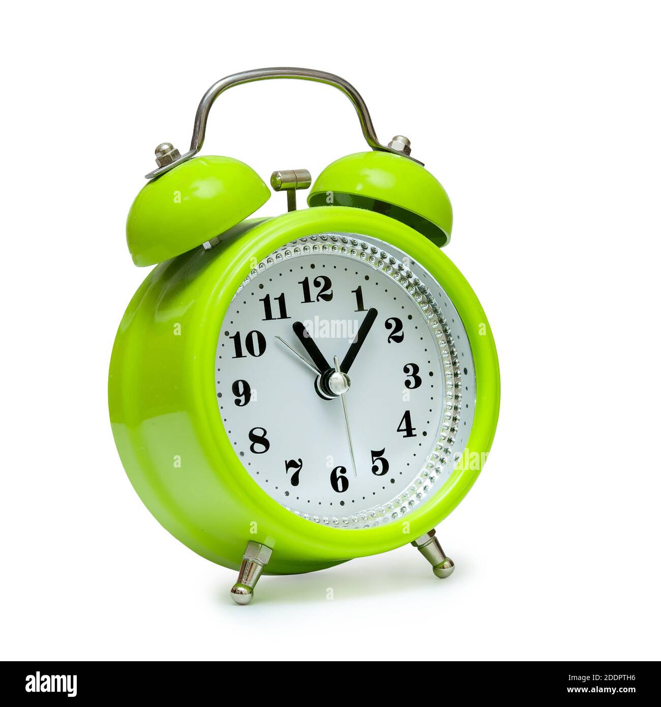 Green alarm clock in retro style on white background, isolate Stock ...