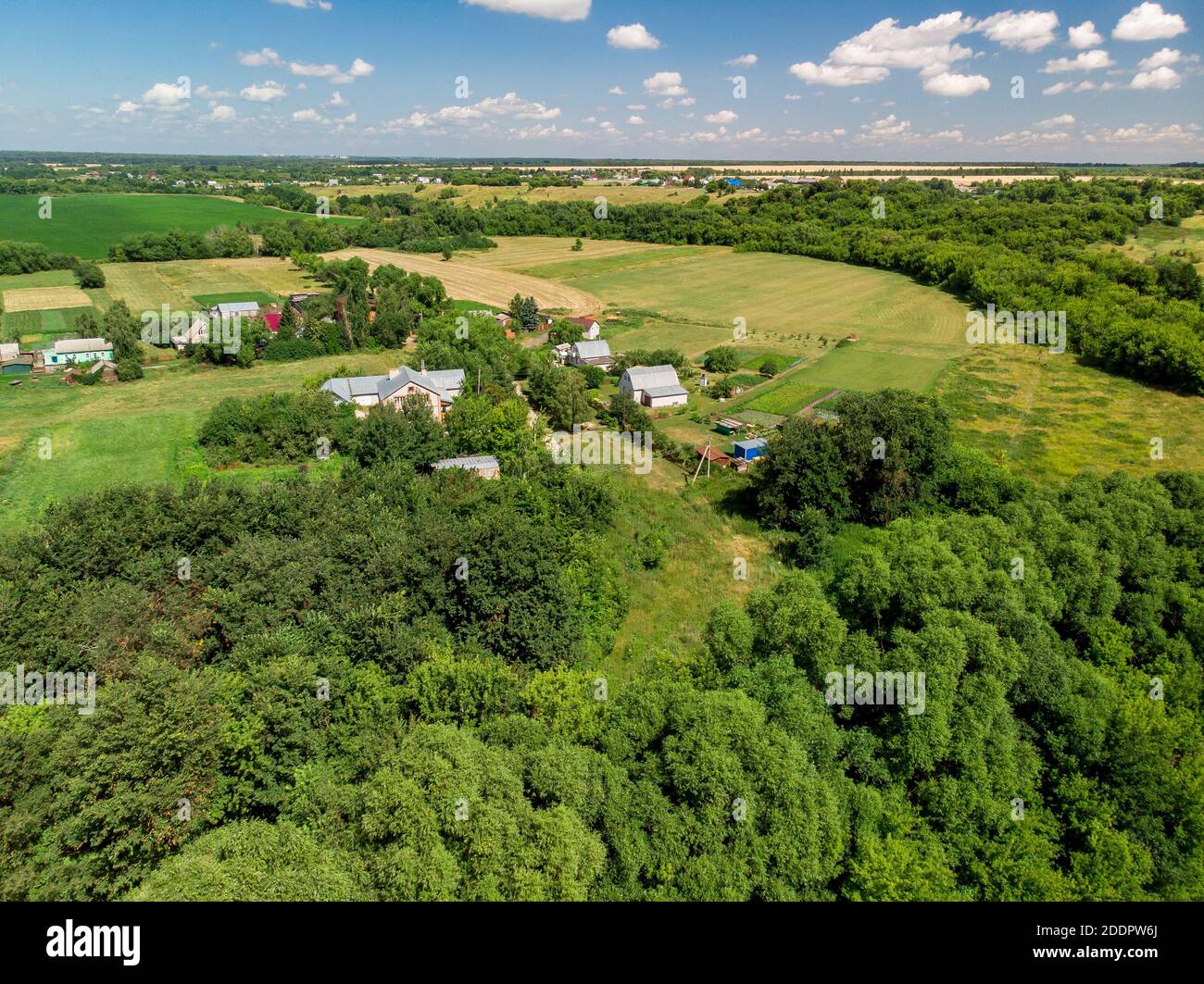 Top view of a rural houses surrounded by fields in central Russia Stock ...