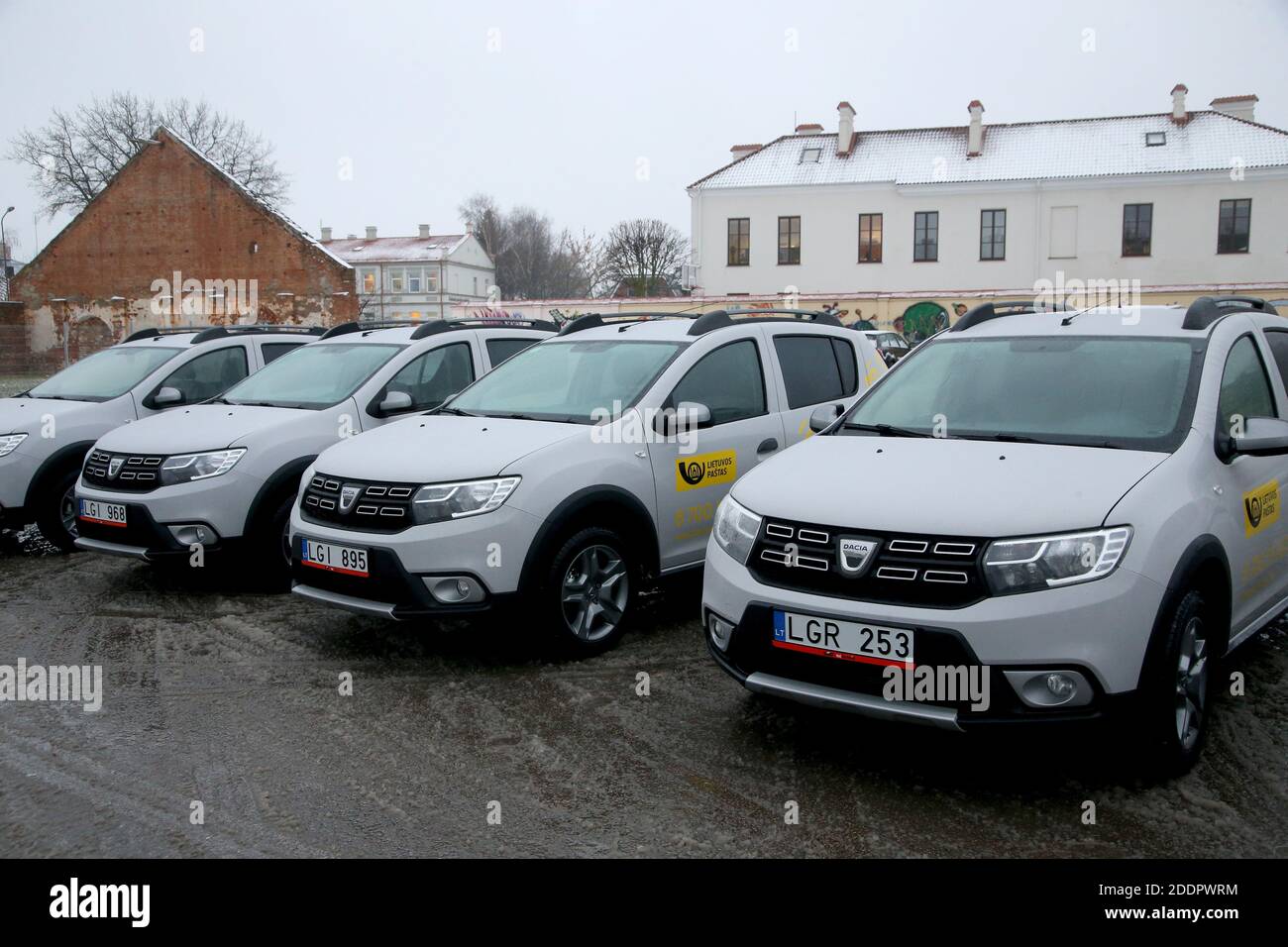 Lithuanian post cars lined up in the city hall. Kedainiai Stock Photo ...