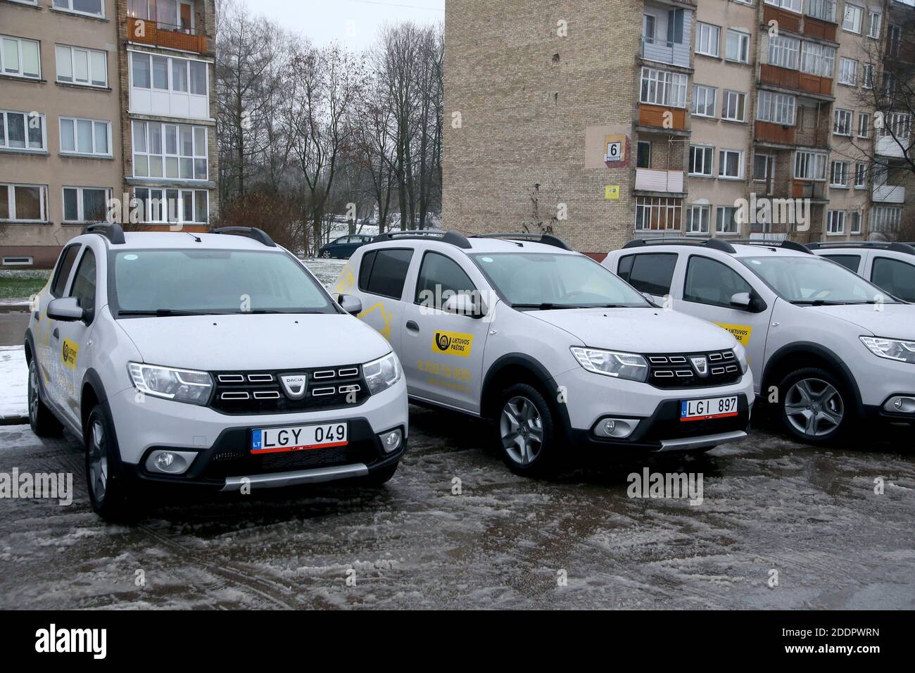 Lithuanian post cars lined up in the city hall. Kedainiai Stock Photo ...