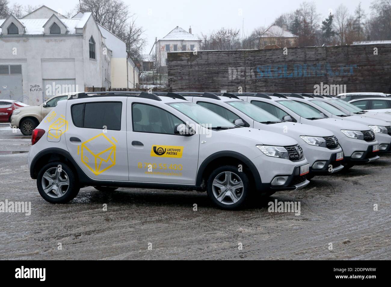 Lithuanian post cars lined up in the city hall. Kedainiai Stock Photo ...