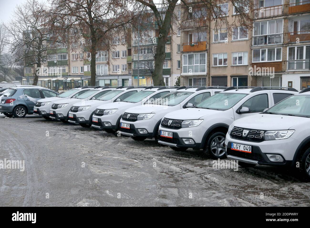 Lithuanian post cars lined up in the city hall. Kedainiai Stock Photo ...