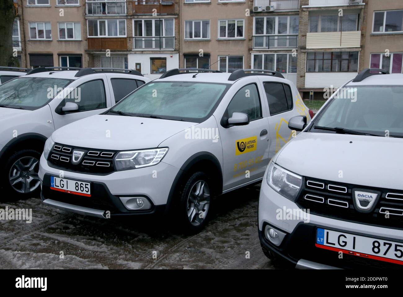 Lithuanian post cars lined up in the city hall. Kedainiai Stock Photo ...