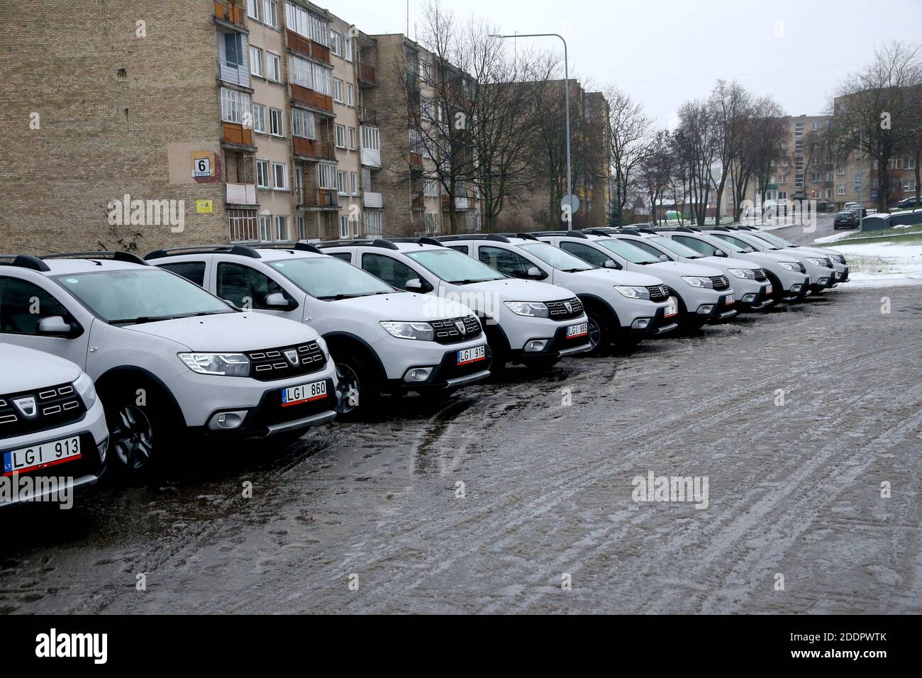 Lithuanian post cars lined up in the city hall. Kedainiai Stock Photo ...