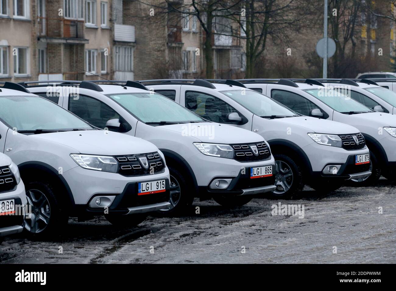 Lithuanian post cars lined up in the city hall. Kedainiai Stock Photo ...