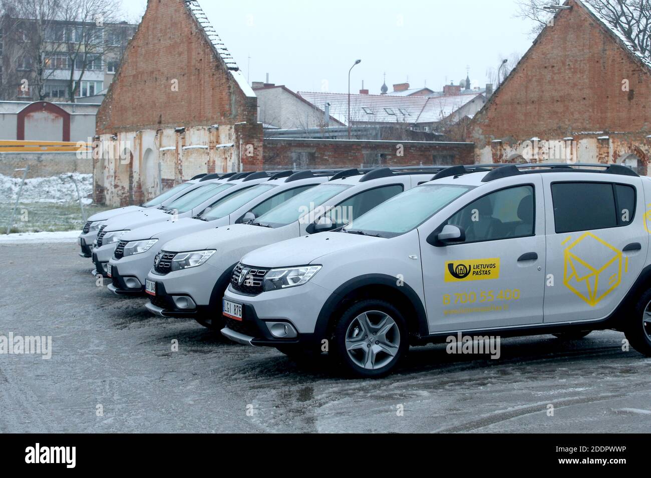 Lithuanian post cars lined up in the city hall. Kedainiai Stock Photo ...